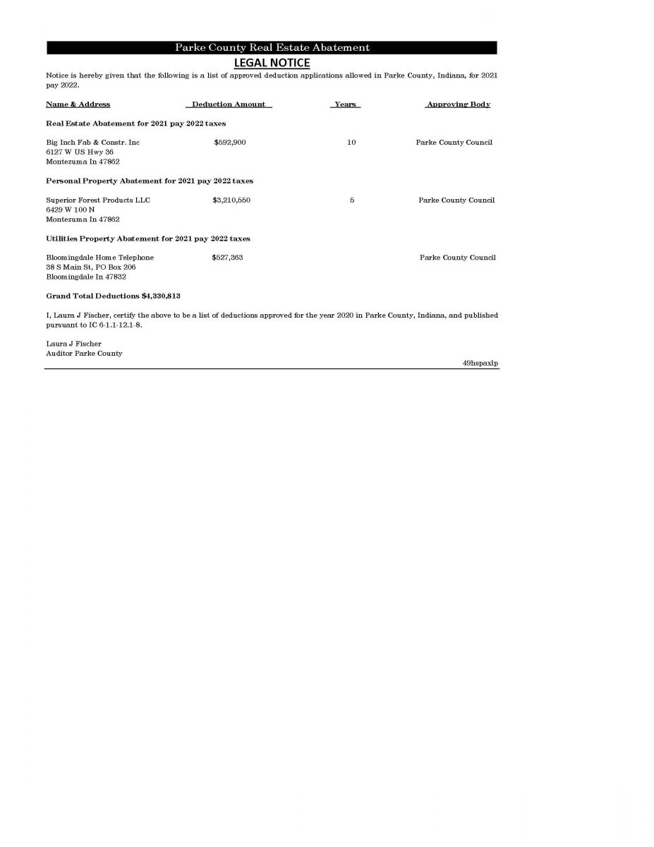 Public Notice, Parke County, Real Estate Abatement – Parke County Sentinel